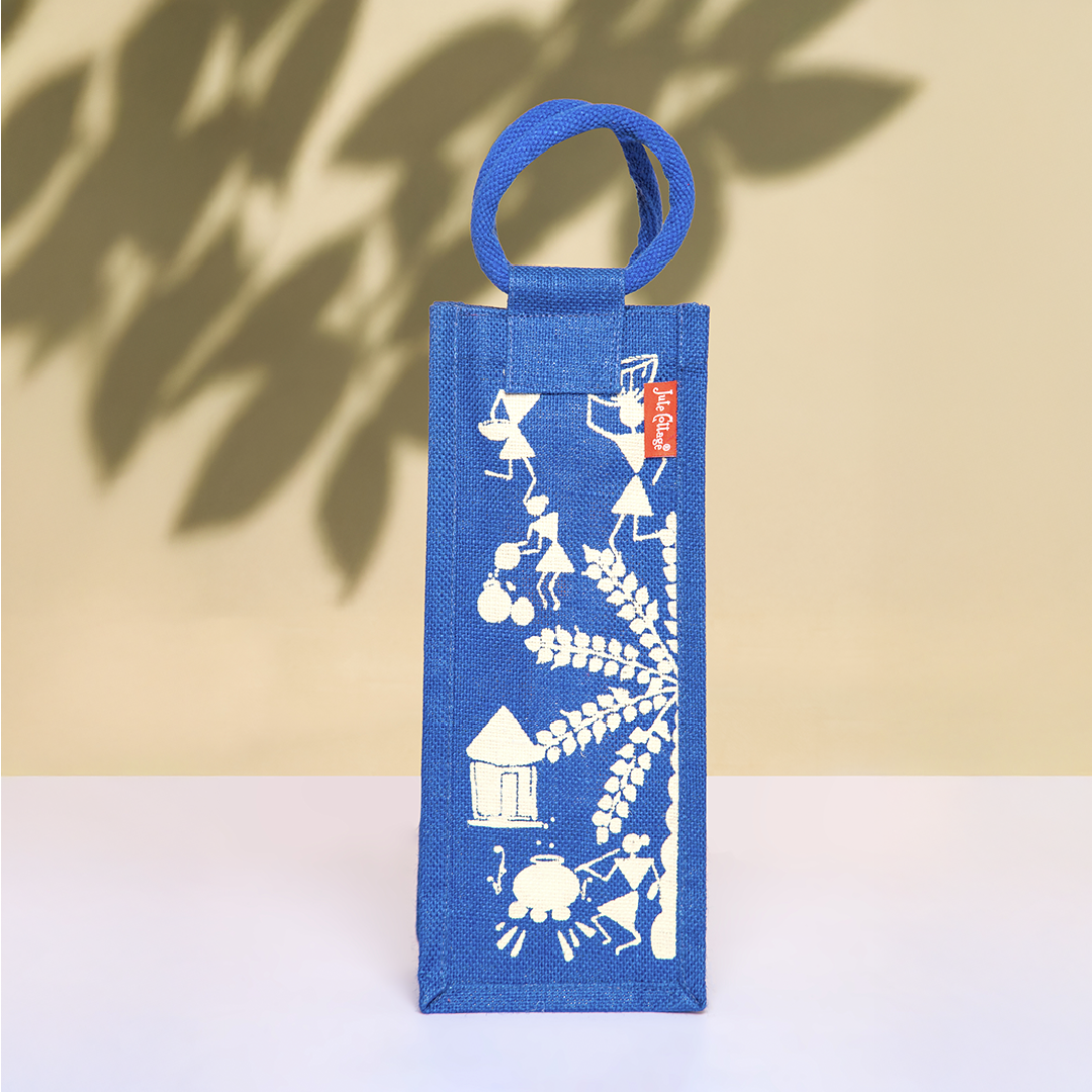 Warli Placement Print Jute Bottle Bag